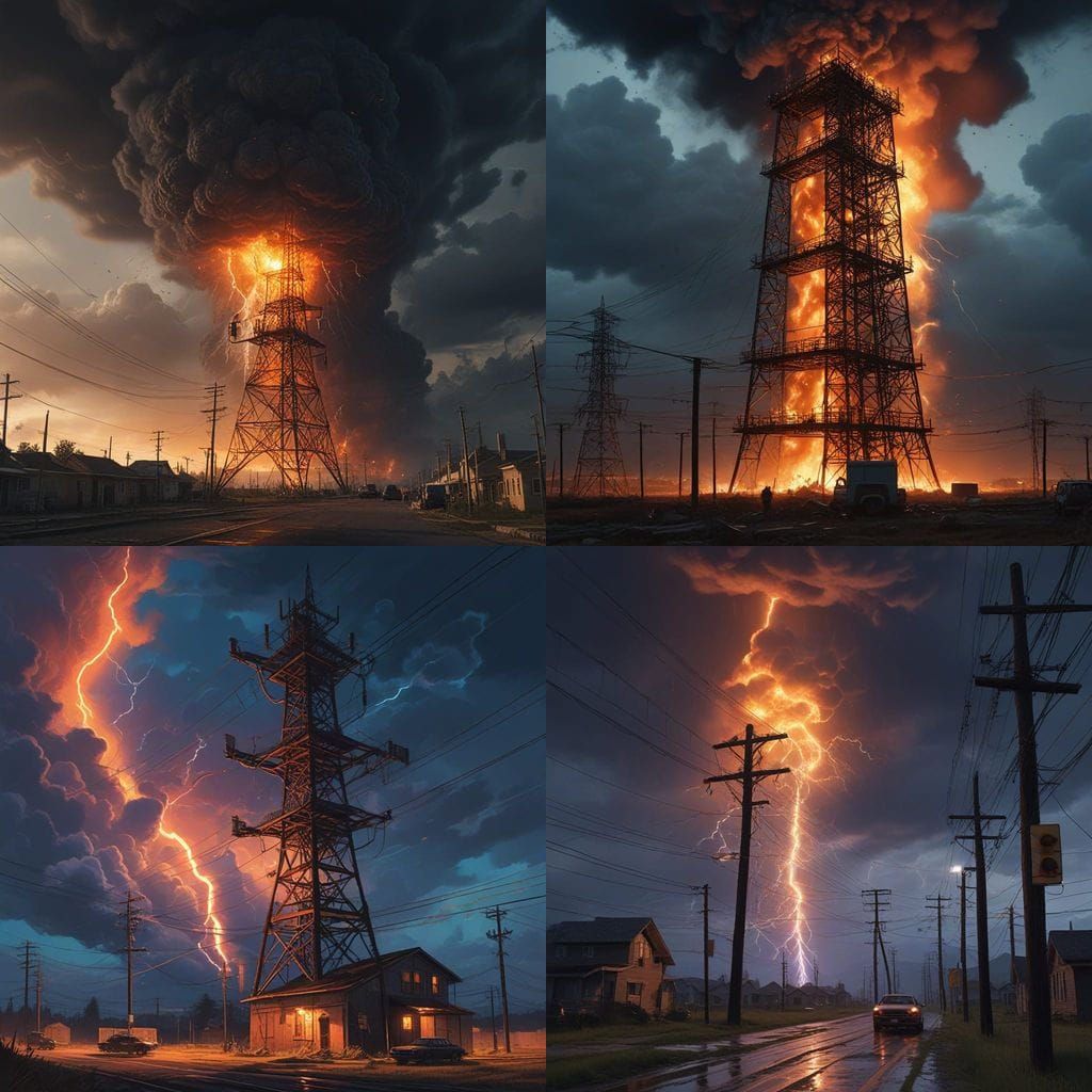 Electrifying Fury: Fantastical Cell Tower Inferno - AI Art