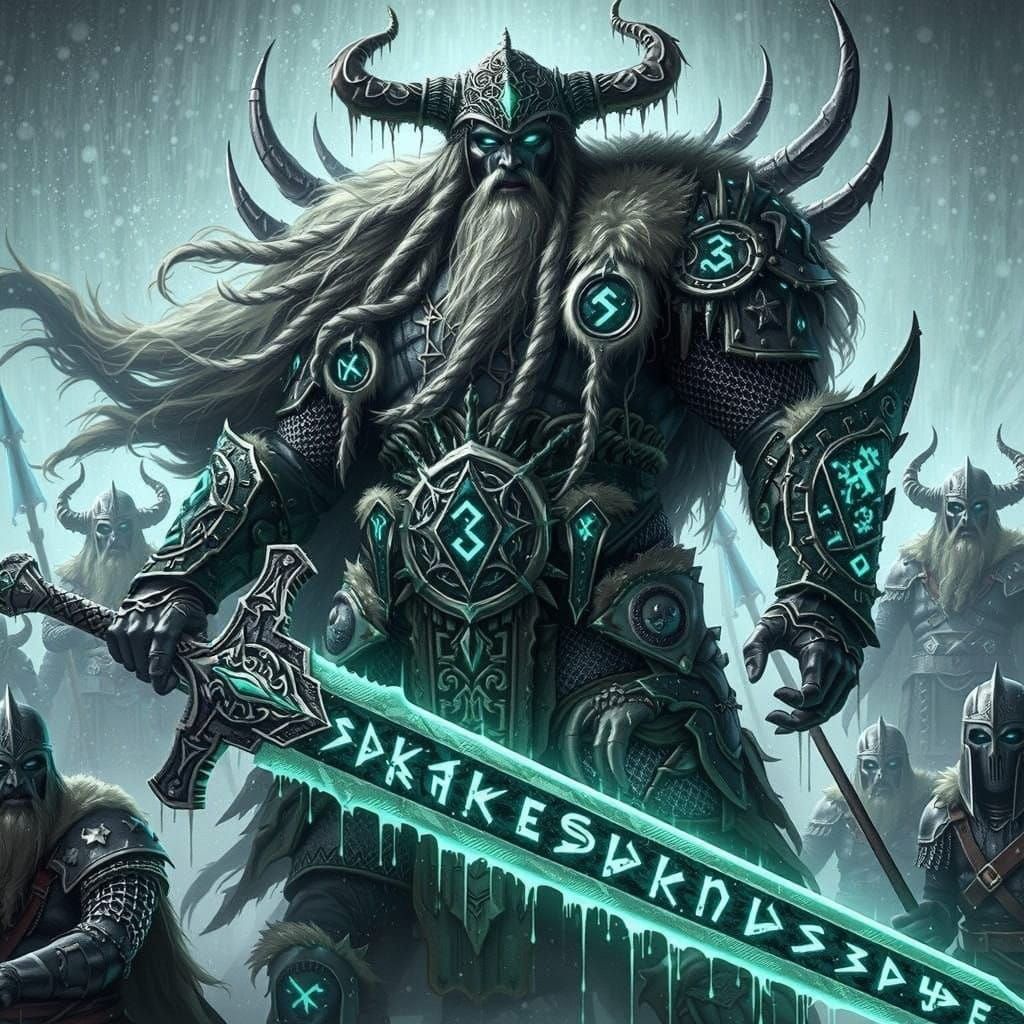 A towering undead viking warlord leading a resurrected viking army