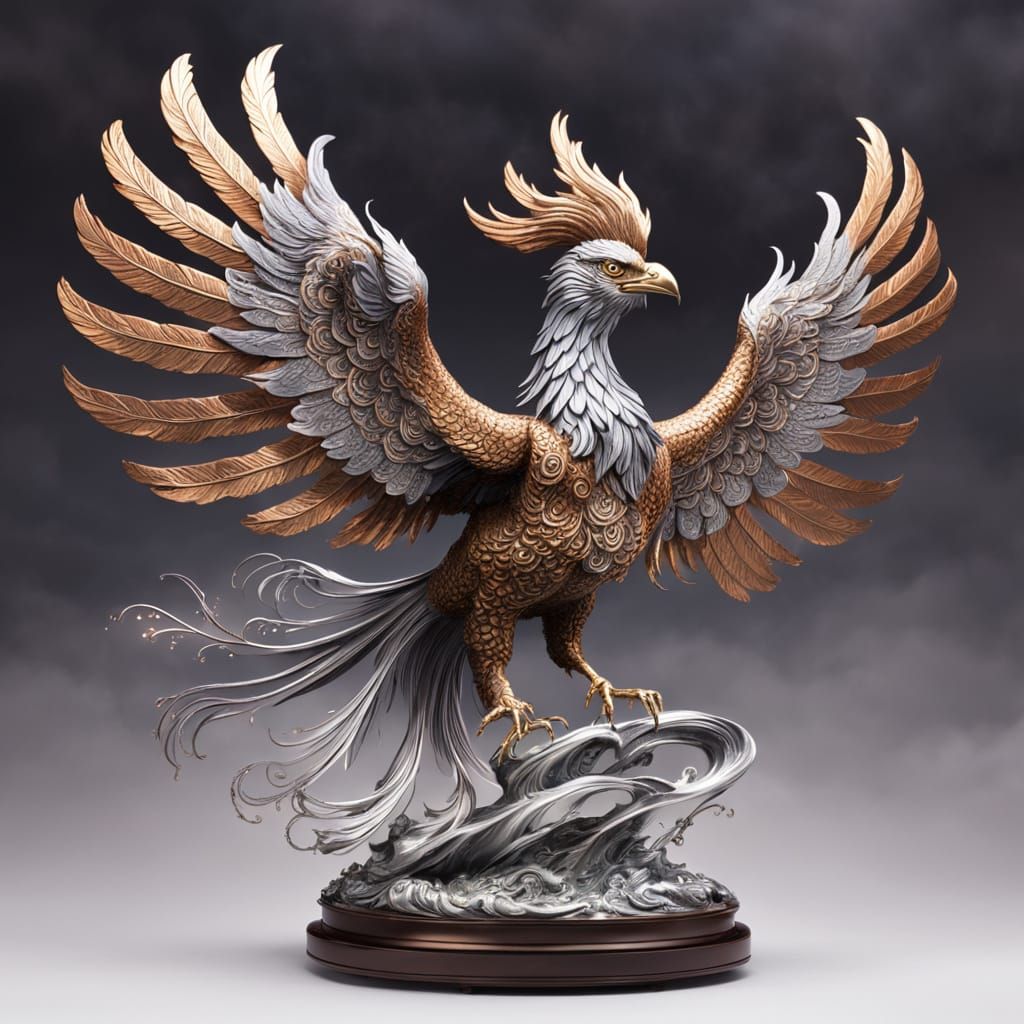 A bronze statue of a majestic phoenix
