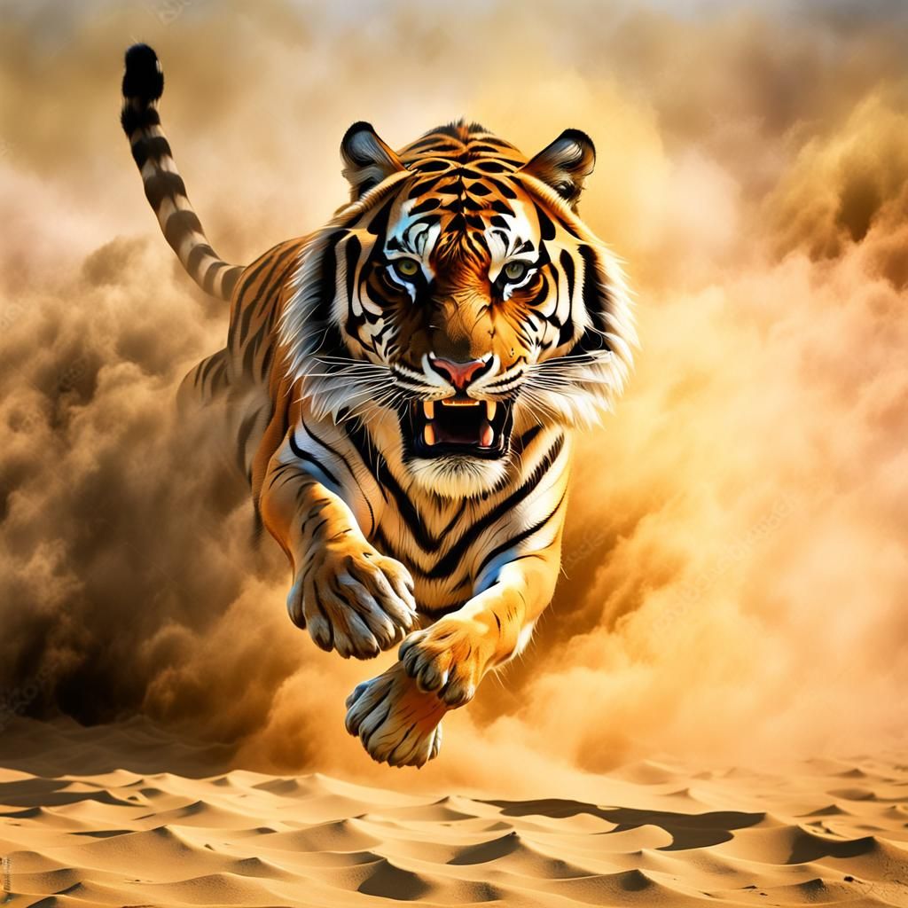 Majestic Ferocious tiger leaping our of sand storm, vivid colors on the ...