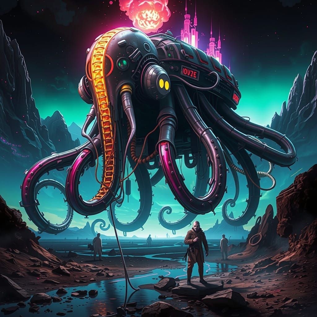 Eerie Cyberpunk Alien Space Odyssey in Neon-Lit Re... - AI Art