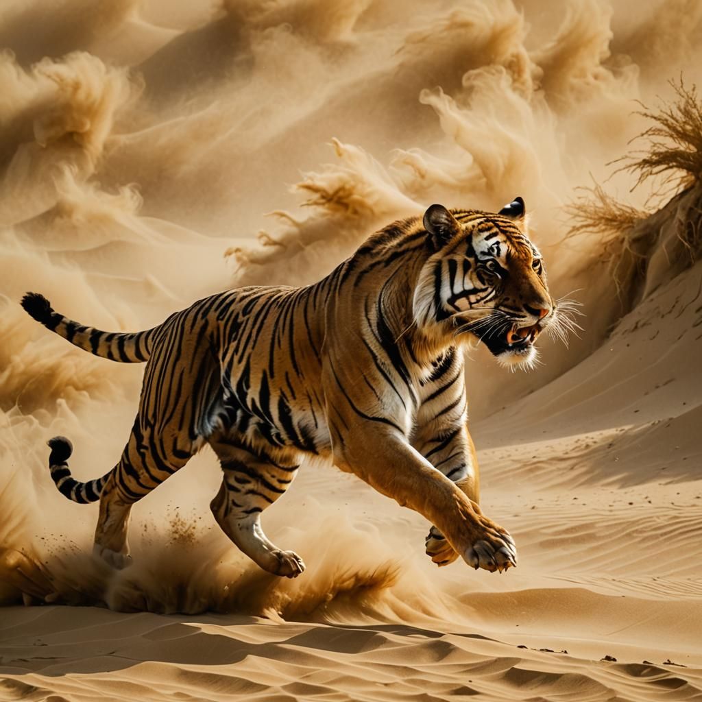 Majestic Ferocious tiger leaping our of sand storm, vivid colors on the ...