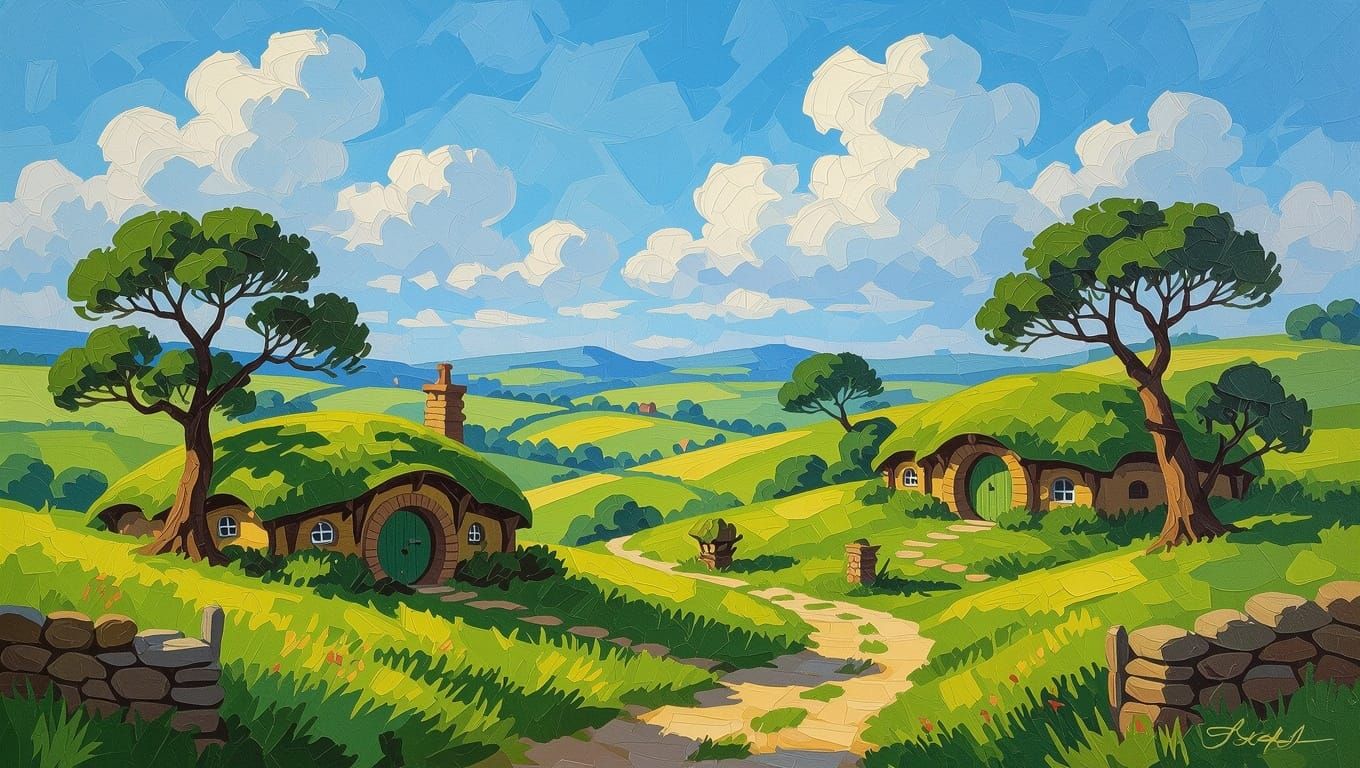 Whimsical Hobbiton Landscape in Impasto Style - AI Art