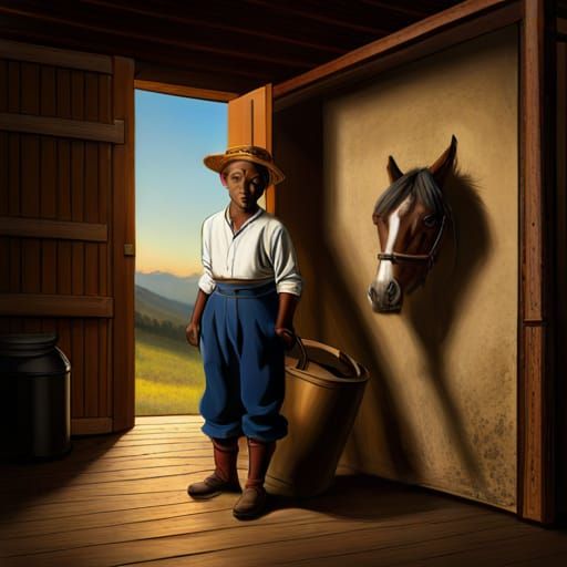 african-american stable boy with horse, inside stable, in the style of ...