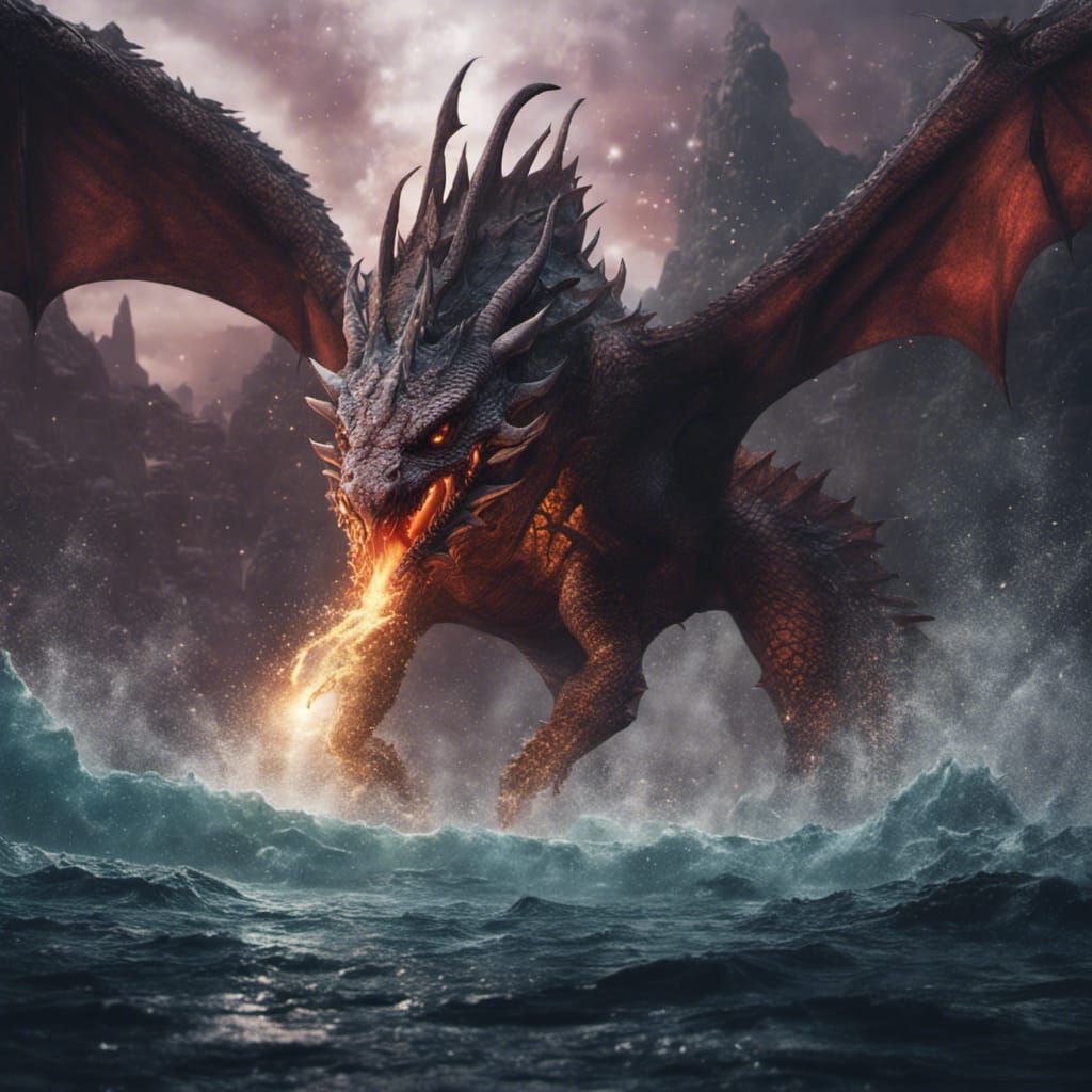 Dragon coming out of water breathing out a new galaxy - AI Generated ...
