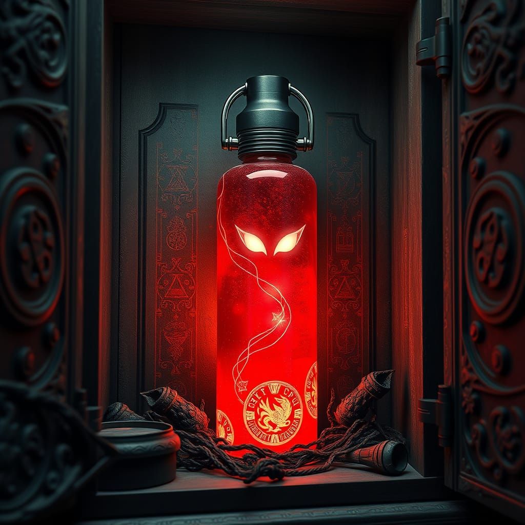 Crimson Hydro Flask with Glowing Eyes in Ornate Ca... - AI Art