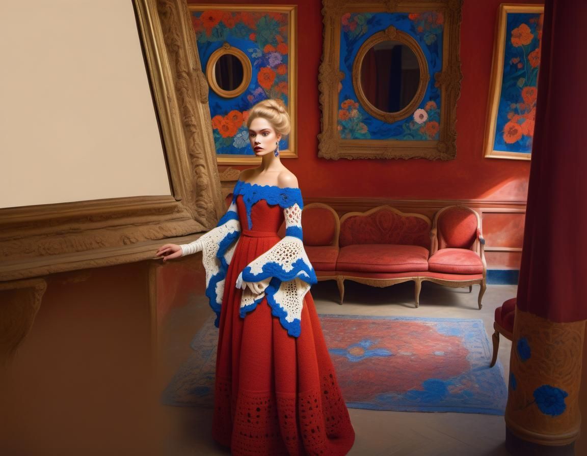 Beautiful caramel blonde girl, in red gown regency fashion, and sand ...