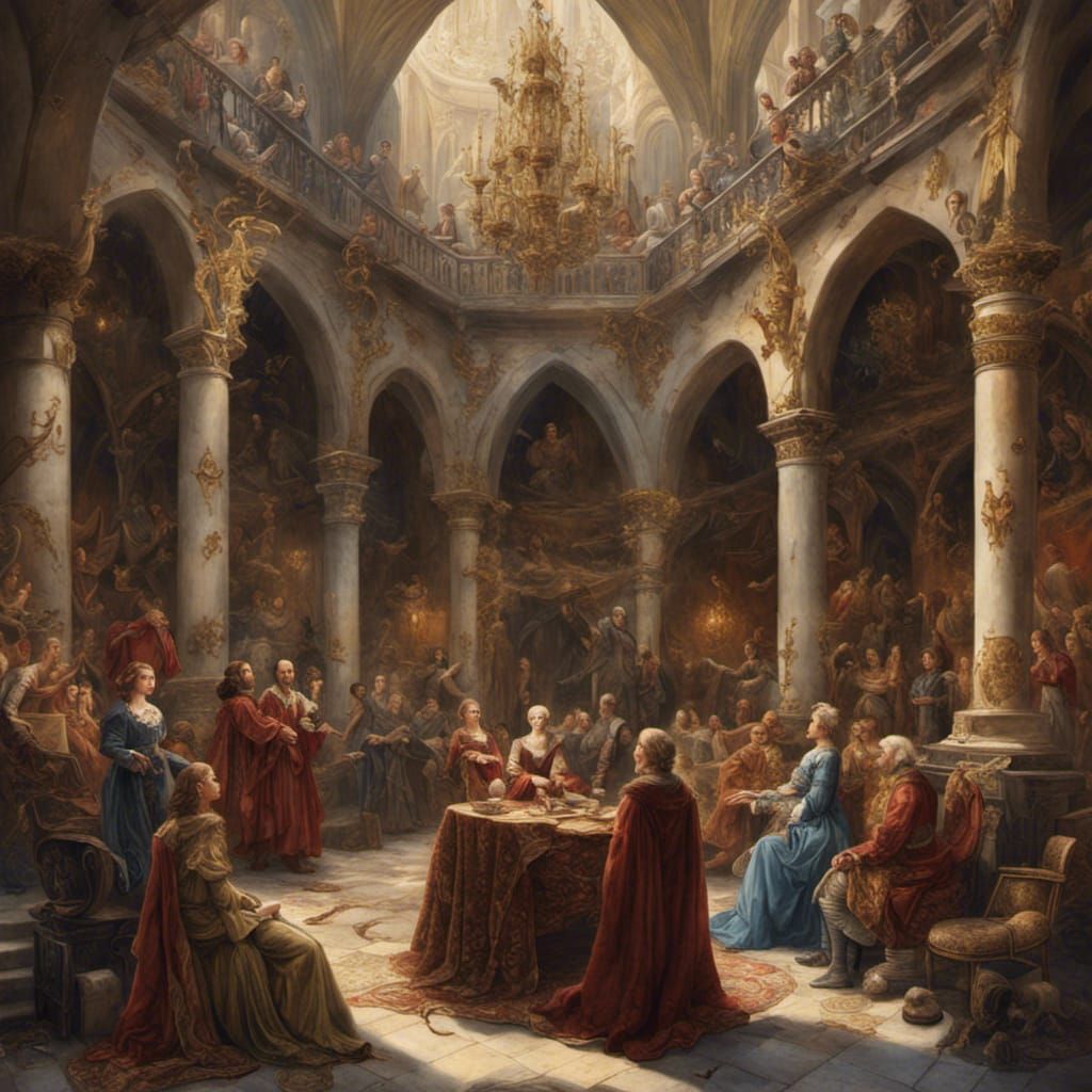 Paint a vivid scene of a medieval court, with noble figures engaged in ...