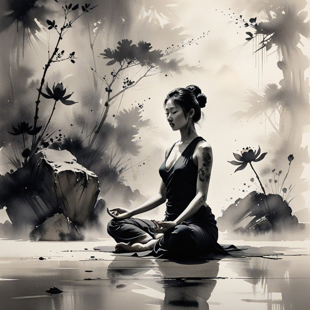 Elegant Ink Wash Figure in Lotus Pose - AI Art