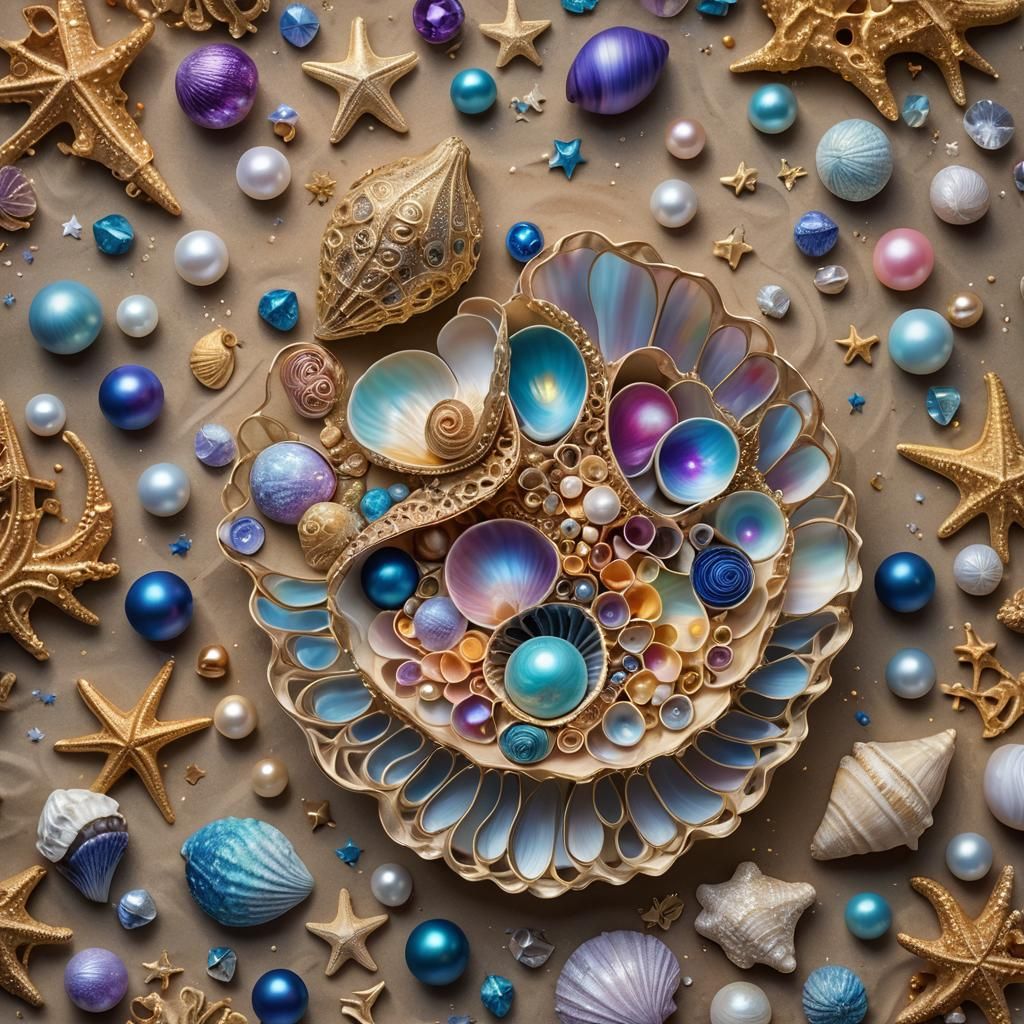 Twisted Iridescent Shells on a Tropical Beach Unde... - AI Art