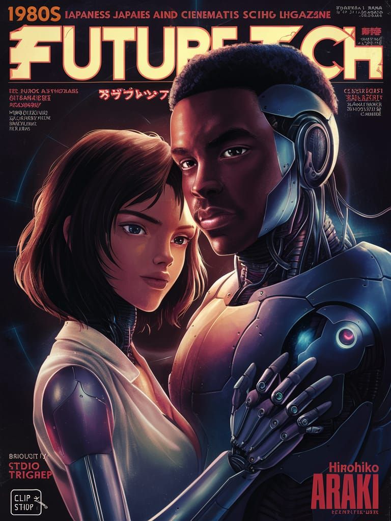 Title " FUTURE TECH" 1980s Japanese Sci-fi Magazine Cover , cyborg black man and woman ...