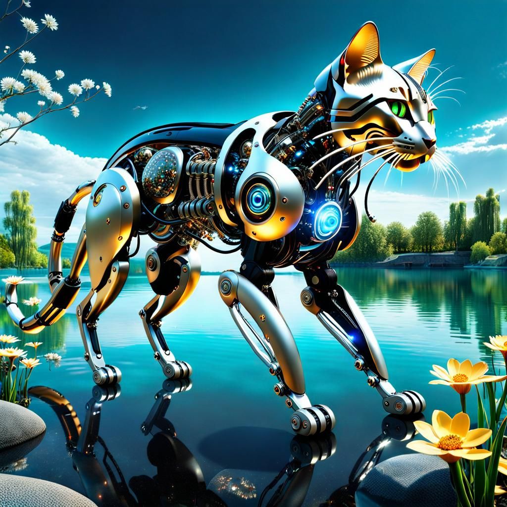 Cyborg cat walking on water - AI Generated Artwork - NightCafe Creator
