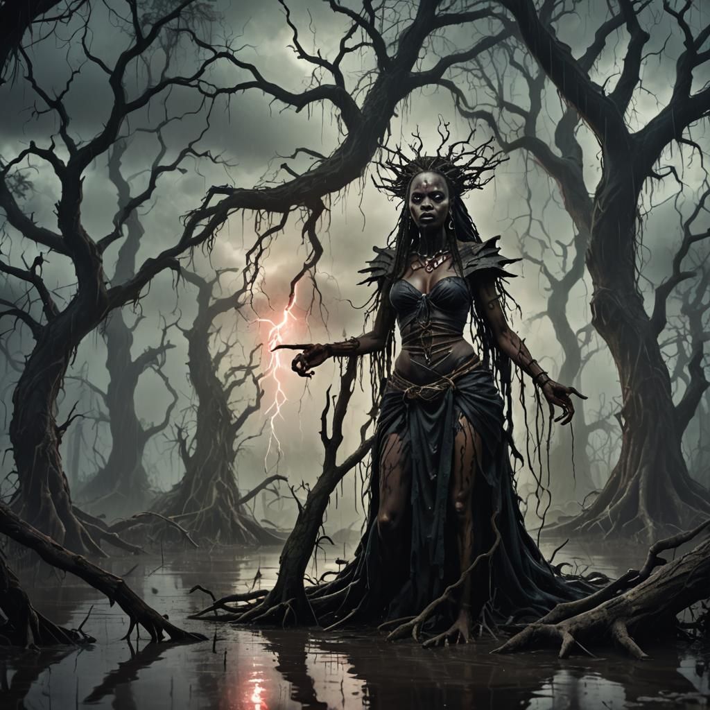 Voodoo Sorceress in Blood Rain, Dark Fantasy Illus... - AI Art