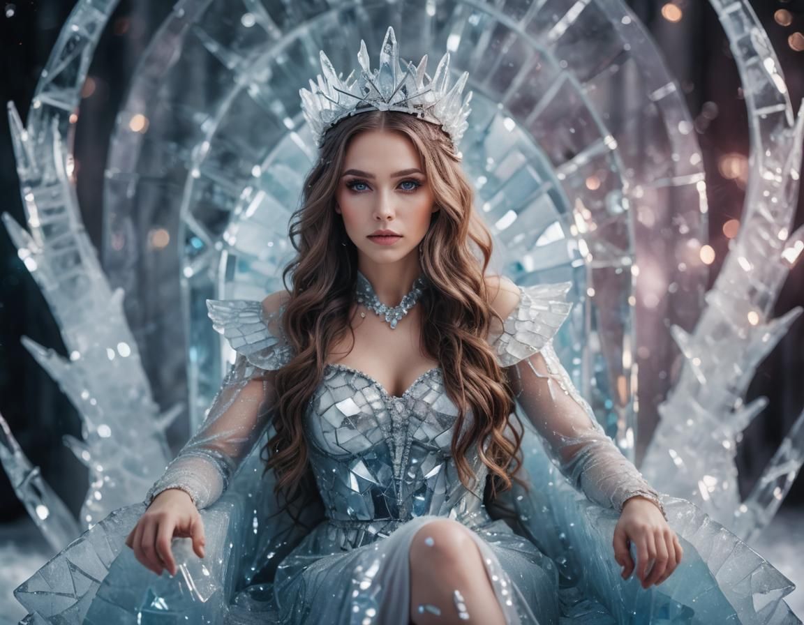 glamorous fairy tale Ice Queen looking at the camera, symmetrical eyes ...
