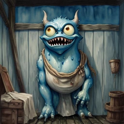 Low key wet dripping watercolor of a mischievous monster peaking around ...