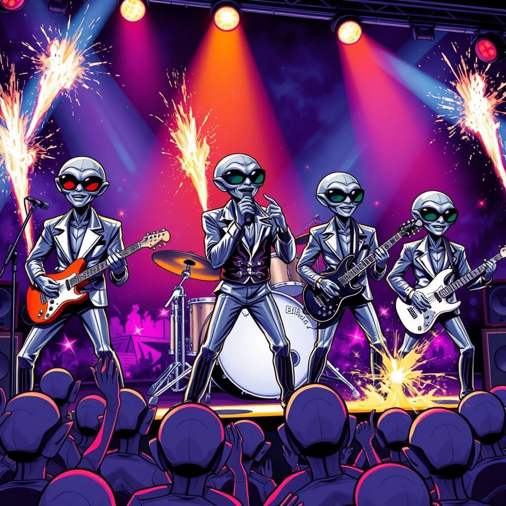 Aliens Rock Concert in Futuristic Neon Style - AI Art