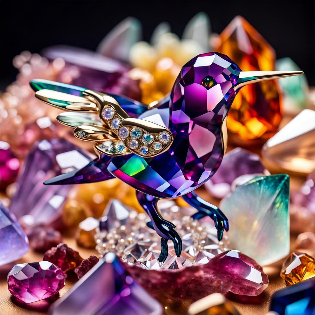 a colorful bird sitting on top of a pile of crystals, crystal cubism ...