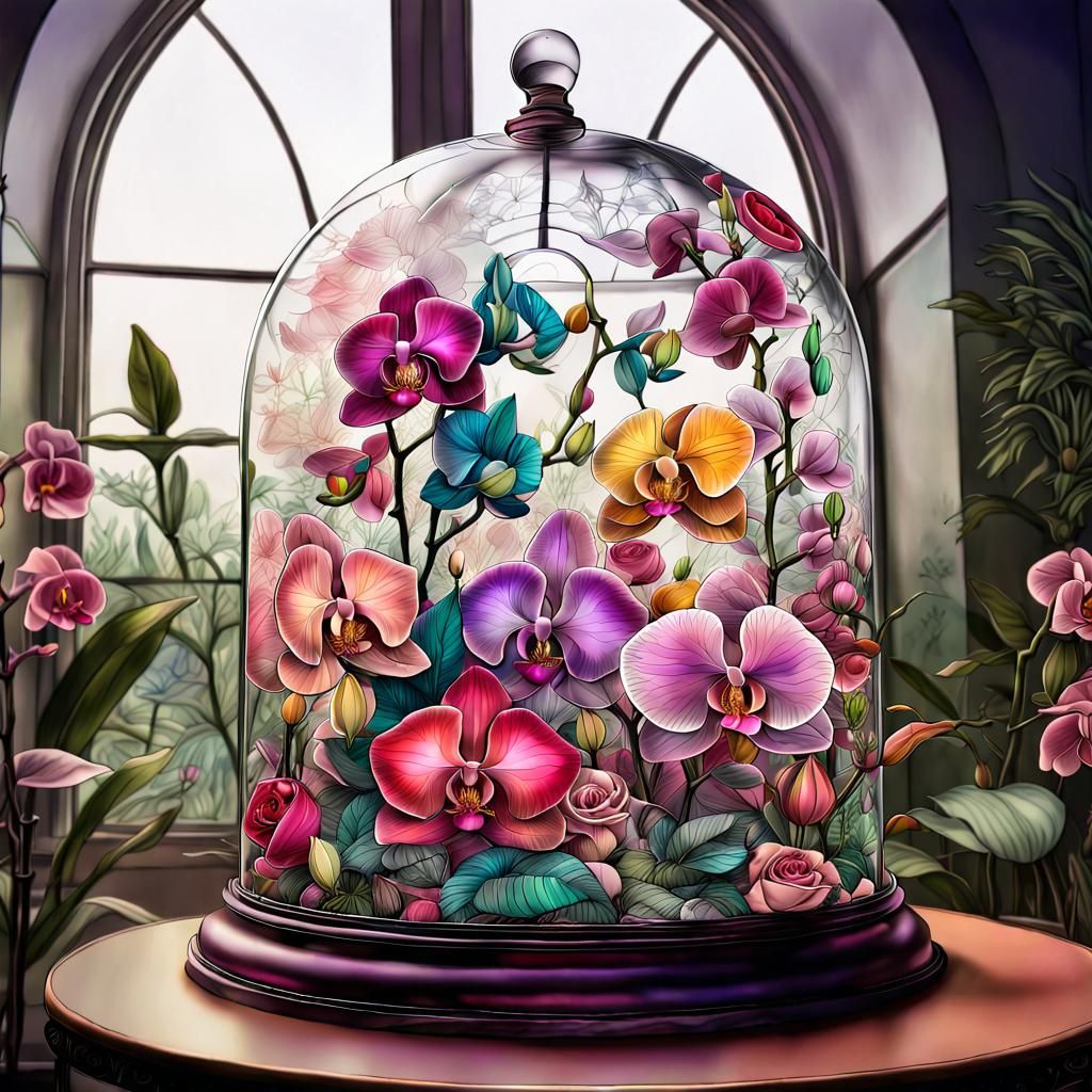 Botanical Glass Dome with Roses and Orchids in Delicate Lines - AI ...