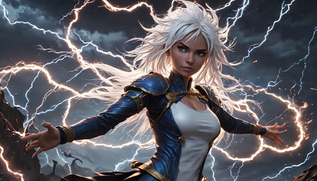 / young woman, weird handed, body surrounded with lightning and static ...