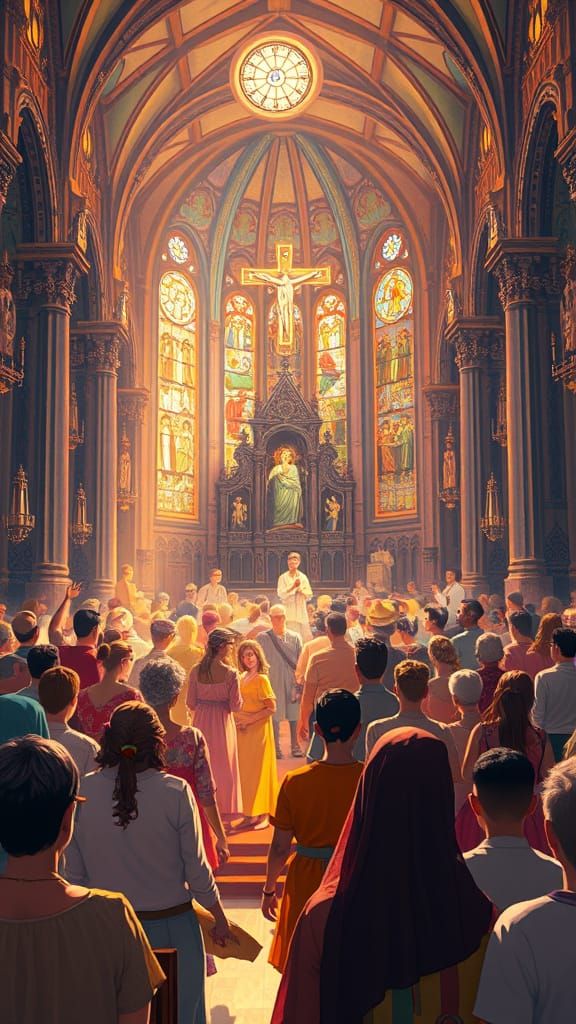 Vibrant Scenes of Joyful Church Congregations in G... - AI Art