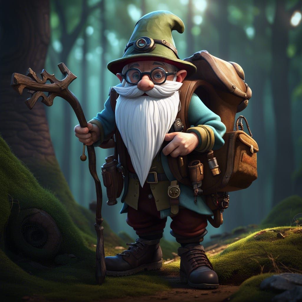 Fantasy gnome with large glasses and backpack exploring the forest - AI ...