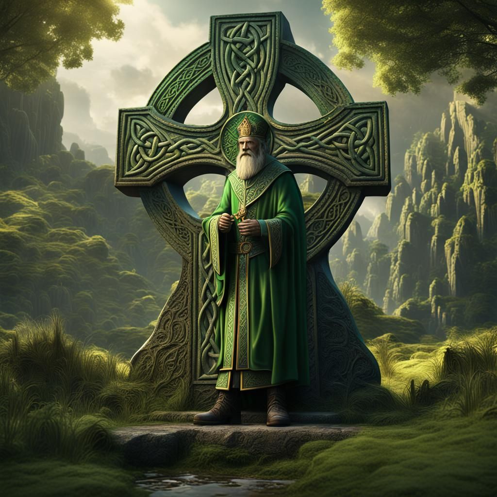 St Patrick beside a highly detailed carved Celtic Cross - AI Generated ...