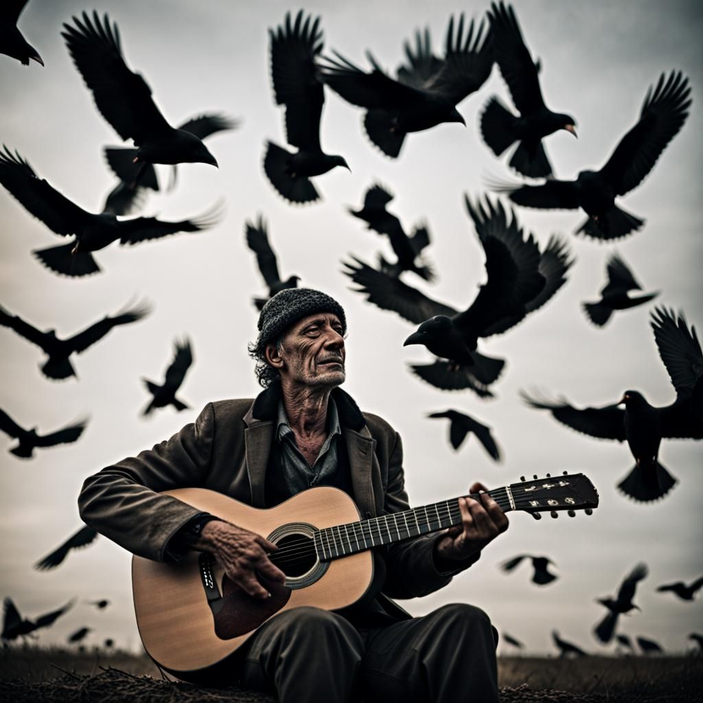 A man with insomnia playing an acoustic guitar surrounded by crows - AI ...