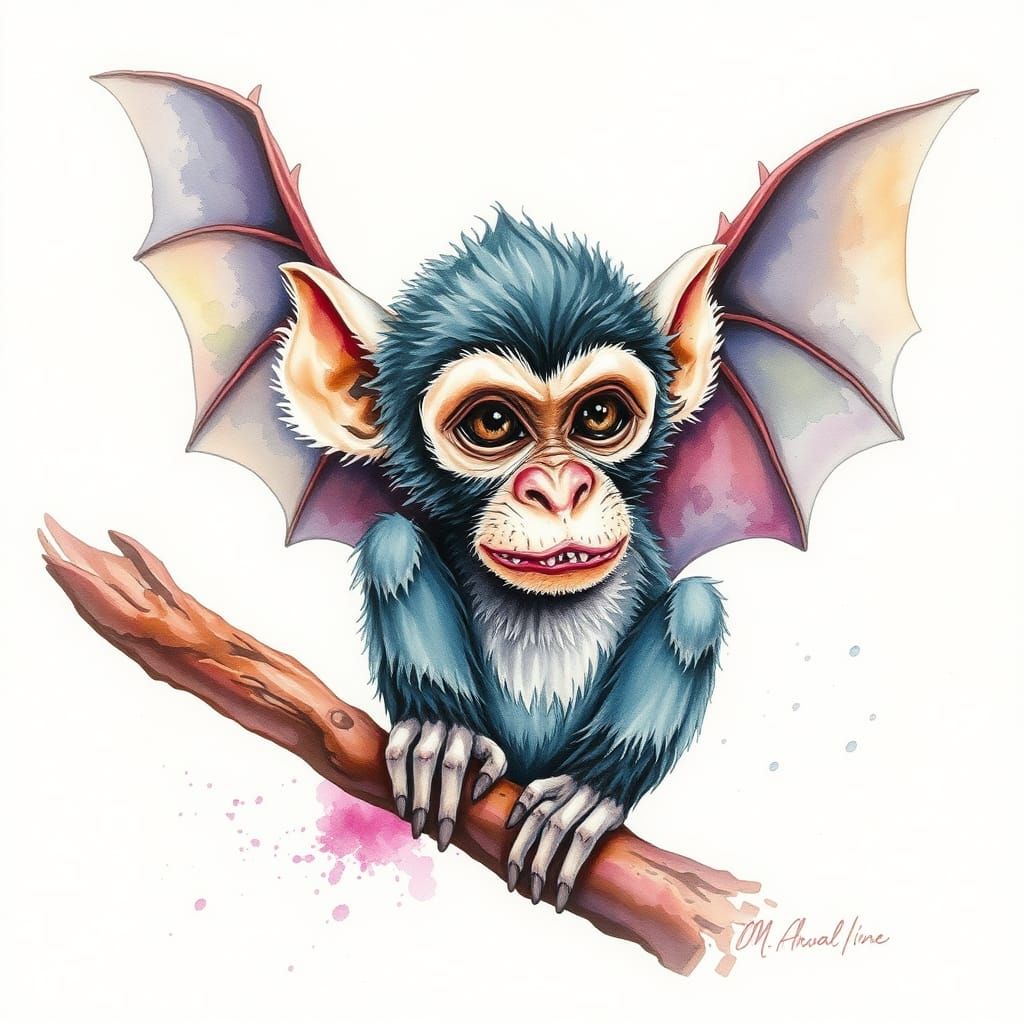 Monkey-Bat - Watercolor Monkey-Bat Hybrid