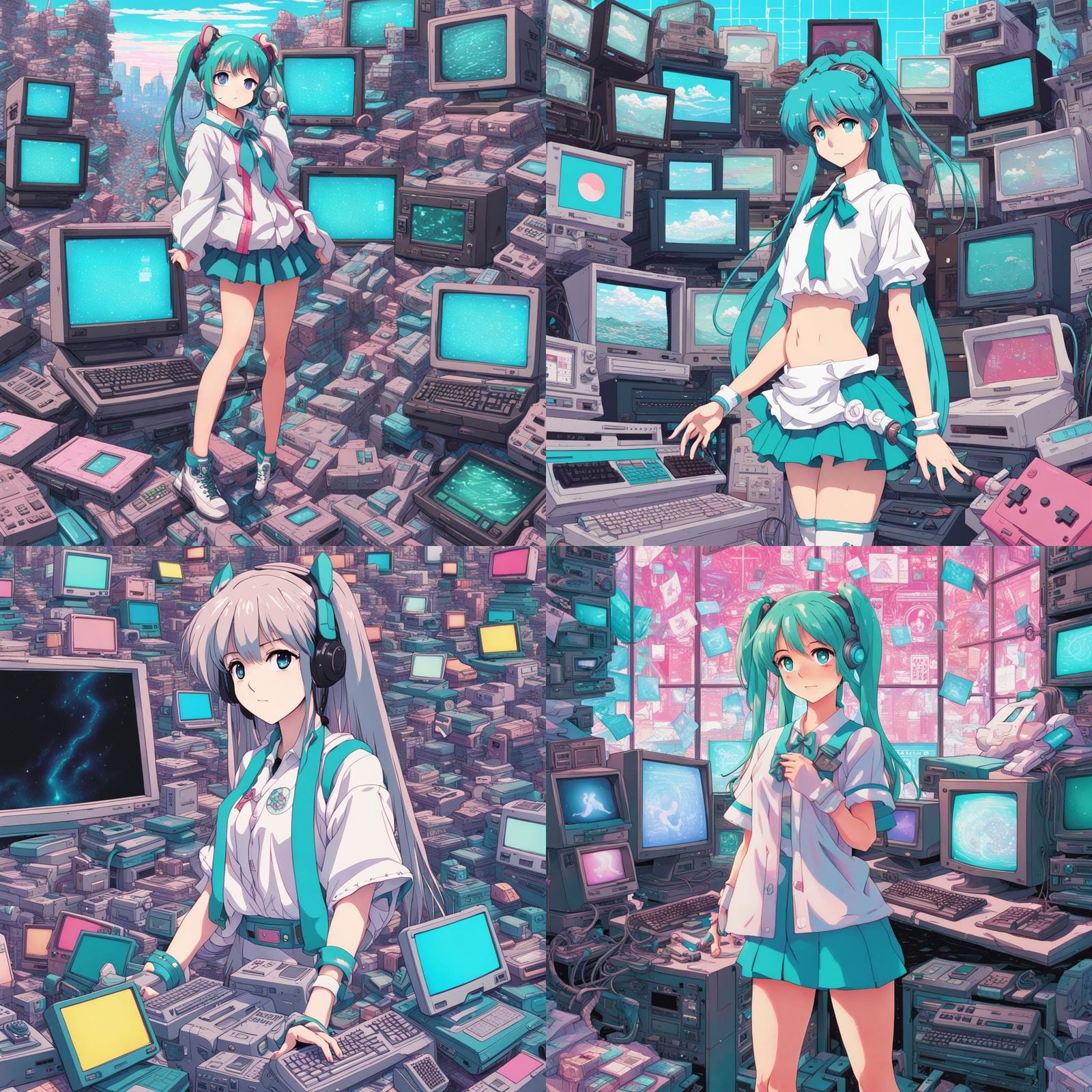Vaporwave hatsune miko standing in pile of early 90s computer windows ...
