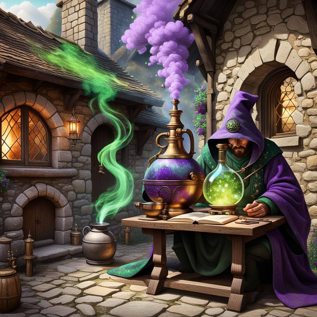 ((alembic alchemical still on a table)) in front of a ((medieval stone ...