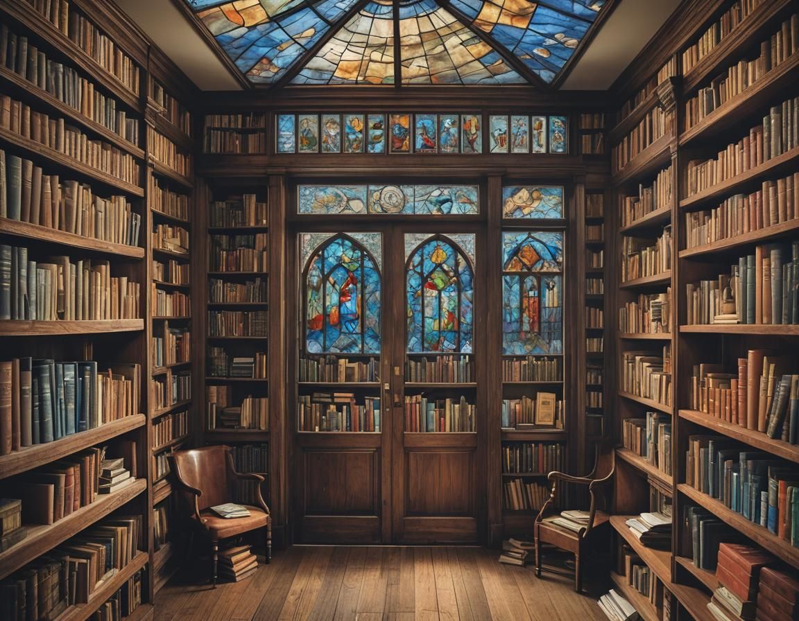 Room with stained glass windows, book shelve, open door into stormy ...