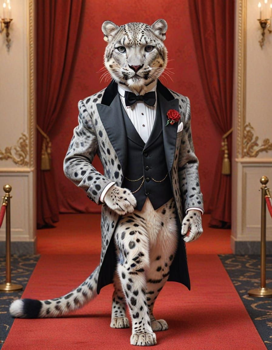 snow leopard striking a pose on the red carpet, breathtaking ...