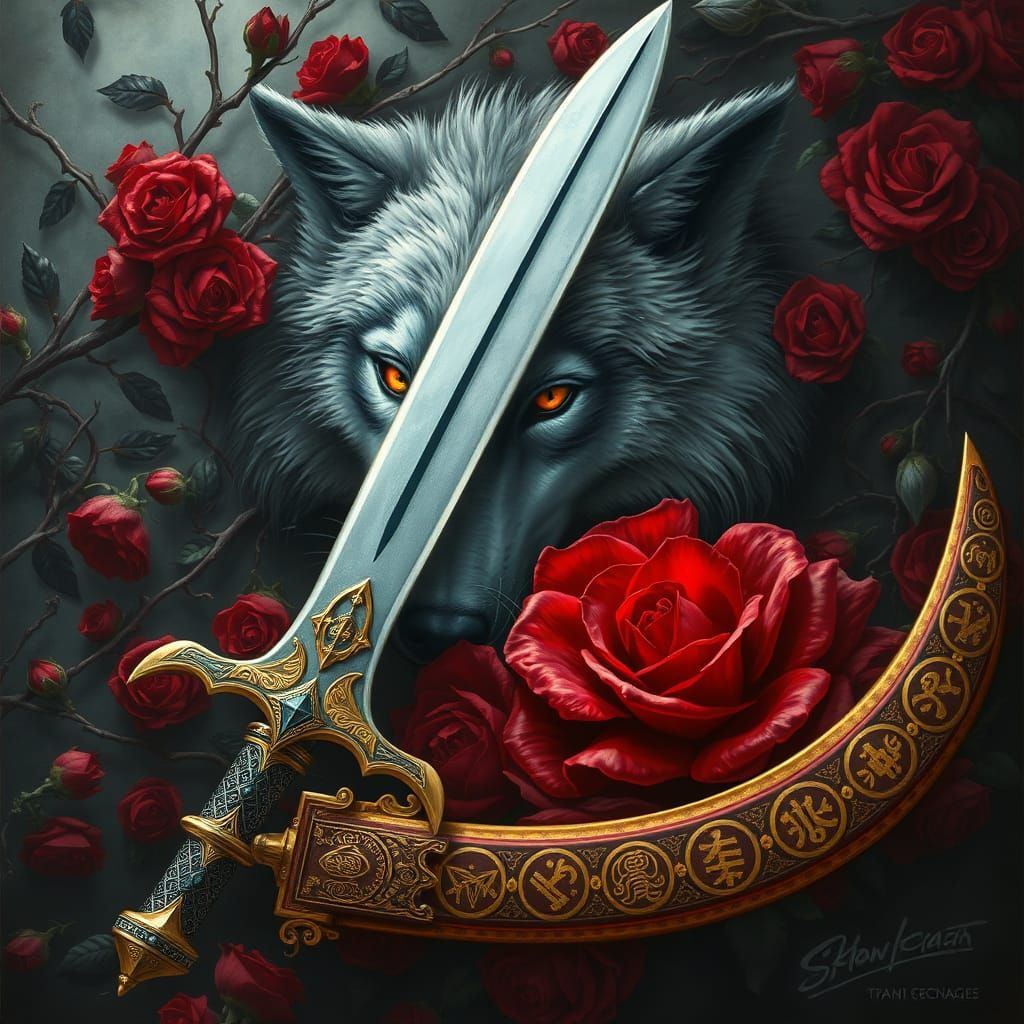 Ethereal Sword Amidst Tangled Roses, Wolf's Head, ... - AI Art
