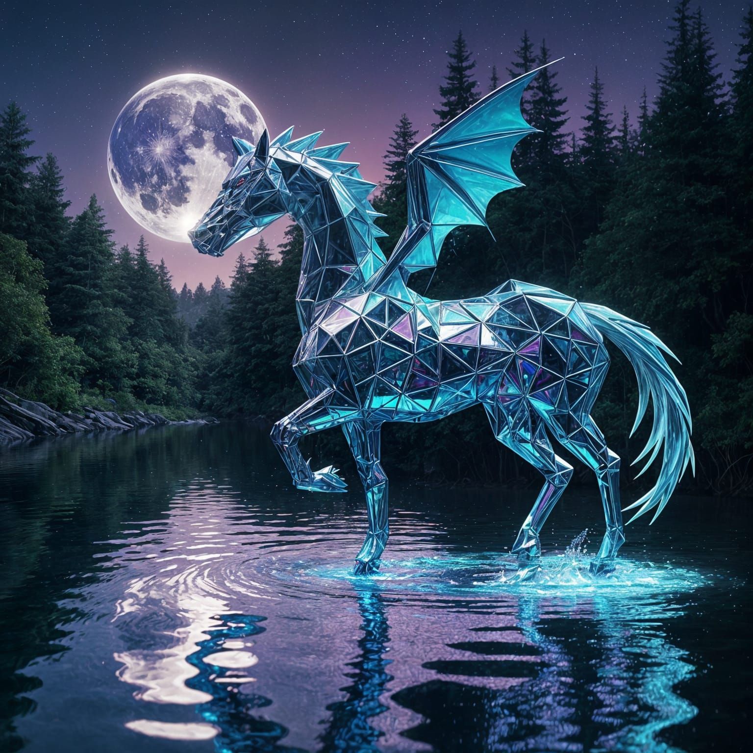 A hyper-detailed 3D purple and blue holographic cubic dragon composed ...