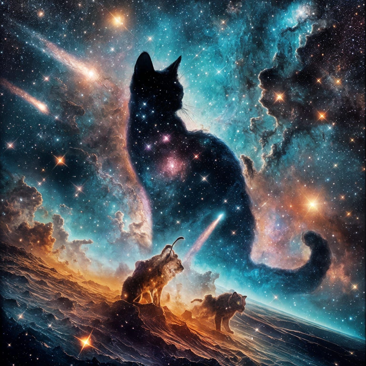 Space Cats - Surreal Feline Figure Amidst Starry Infinity