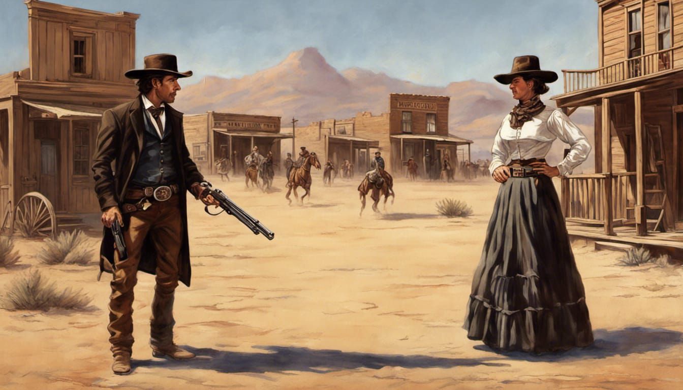 "Showdown in a Desert Town" A male and a female gunfighter: sundown ...