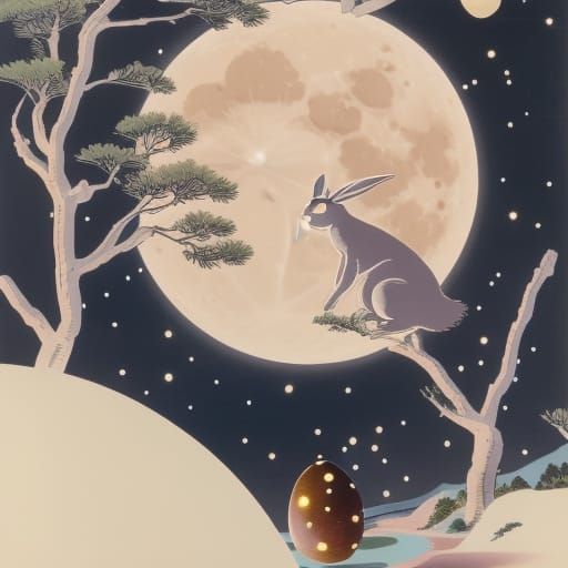 Easter Bunny on the moon; Faberge Easter eggs, basket, lunar landscape ...