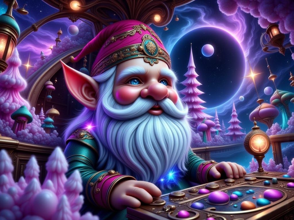 Grimbold the Cosmic Gnome - Cosmic Gnome in Neon Spacecraft