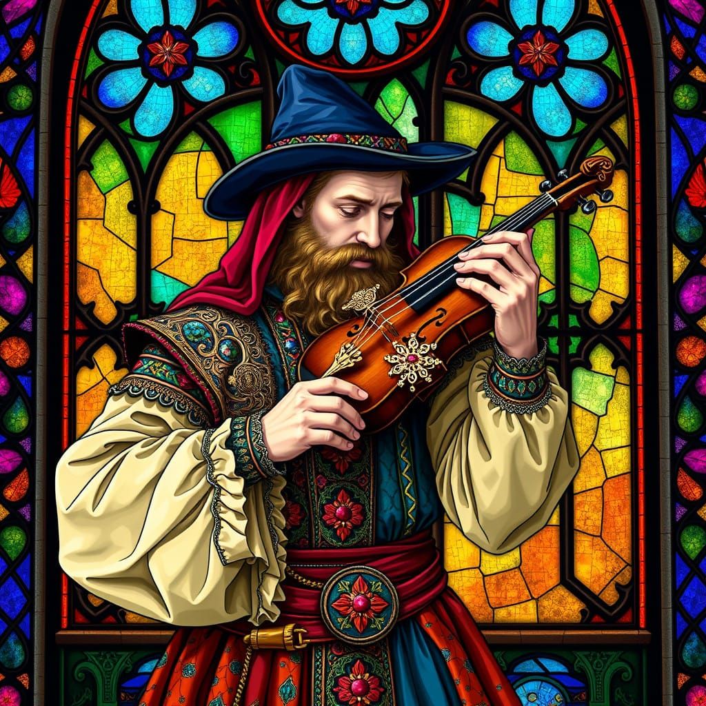 Medieval Fiddler in Stained Glass Splendor - AI Art