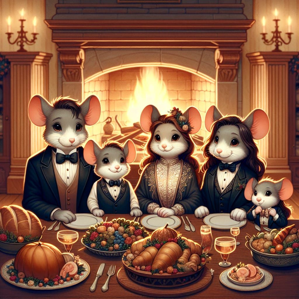 Mouse family in formal attire sitting down for feast I front of a comfy ...