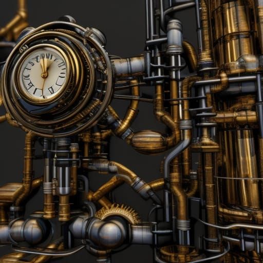 clocks made from pipes steampunk engine intricate mech details, ground ...