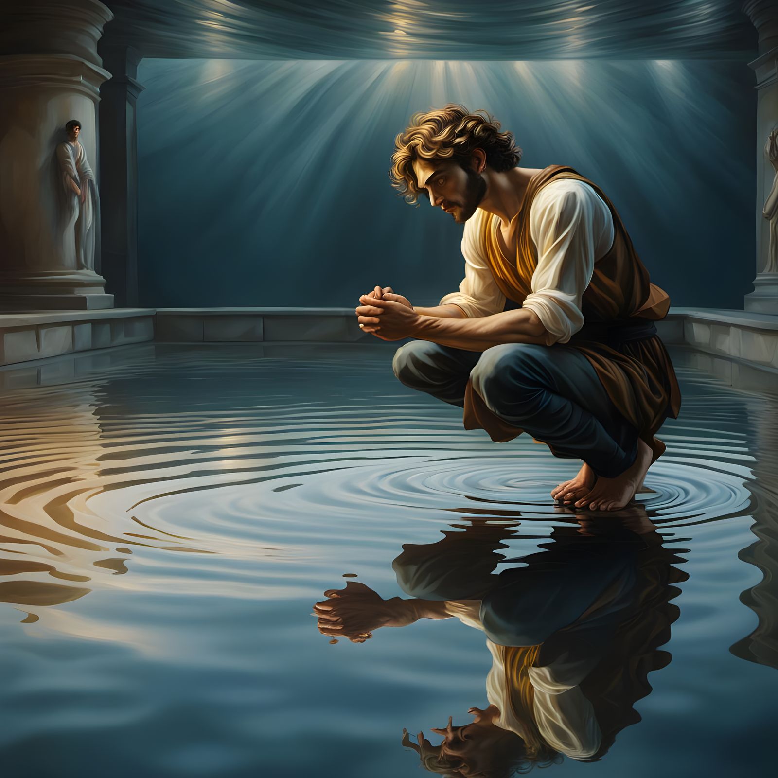 Caravaggio-Inspired Greek God Contemplates his Ref... - AI Art