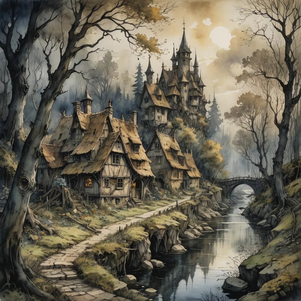 fantasy art, a picturesque plot from a scary fairy tale, watercolor in ...