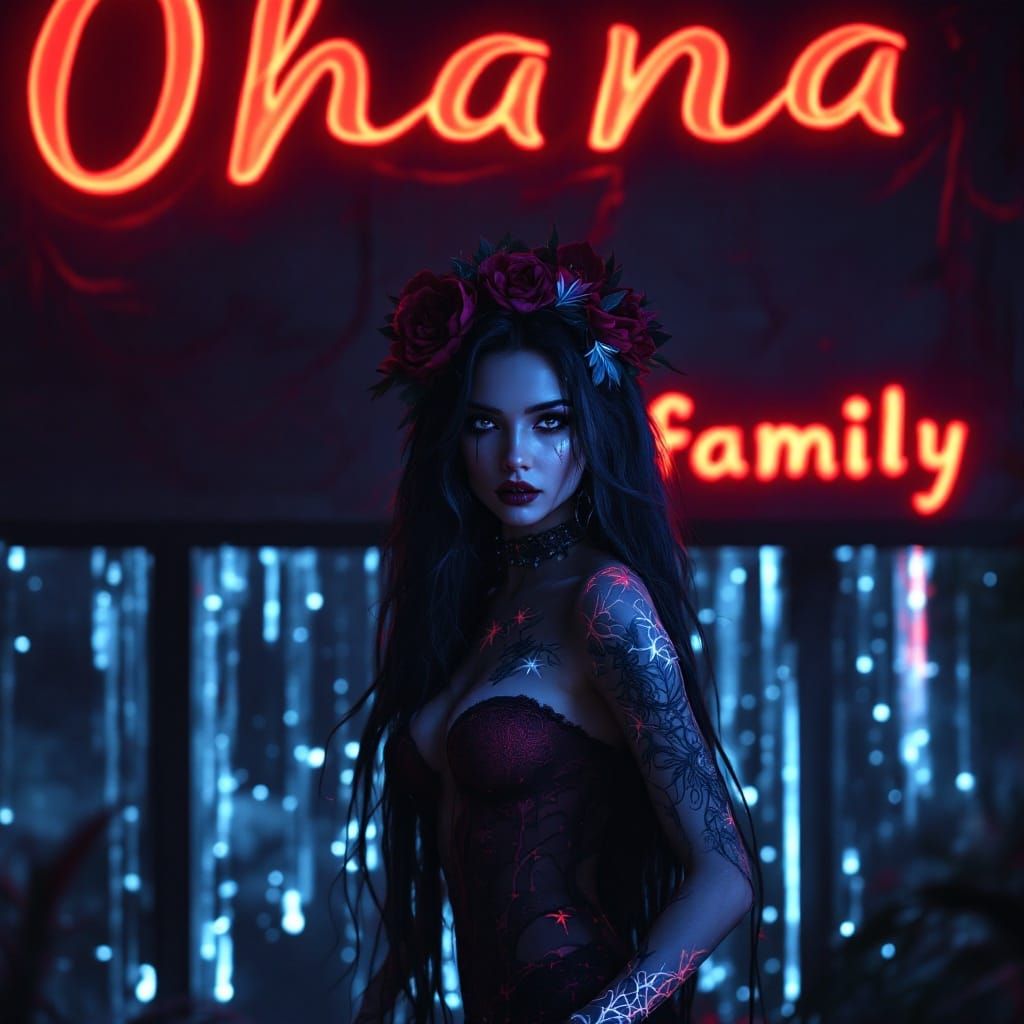 Ethereal Goth Lilo in Red Spider Silk, Bioluminesc... - AI Art