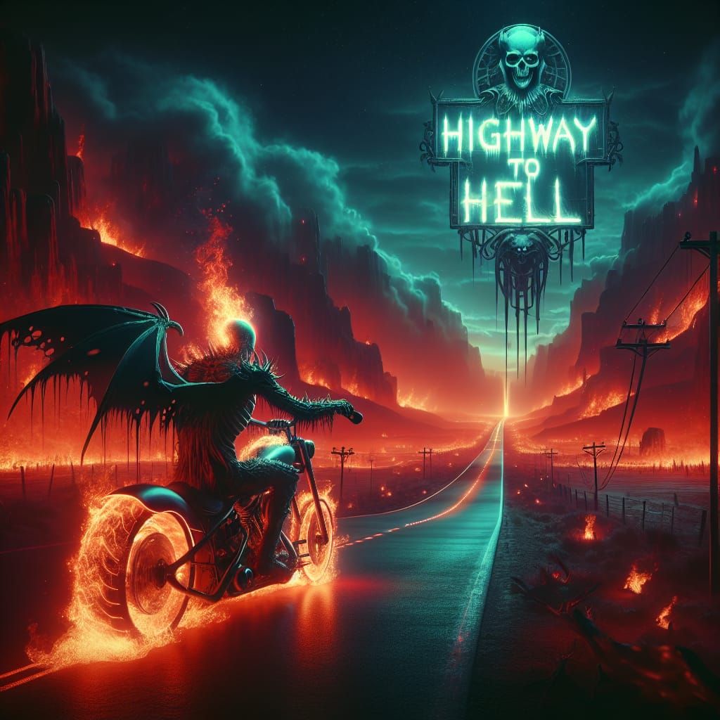 Eerie Ghostrider sitting on his burning motorbike. He is driving on an ...