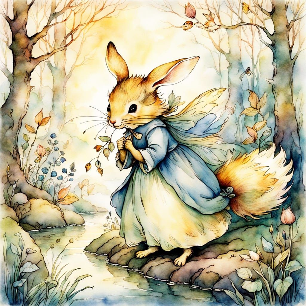 Whimsical Watercolor Fantasy Scene with Golden Lig... - AI Art