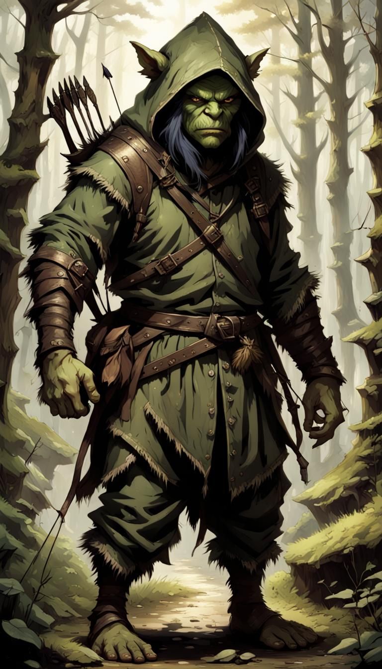 Bugbear, hairy face, ur-goblin, archer, misterious, in shape, hooded ...