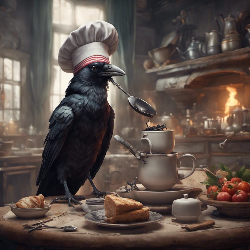 A crow holding a spoon with it's claws, stirring a big tea cup it's ...