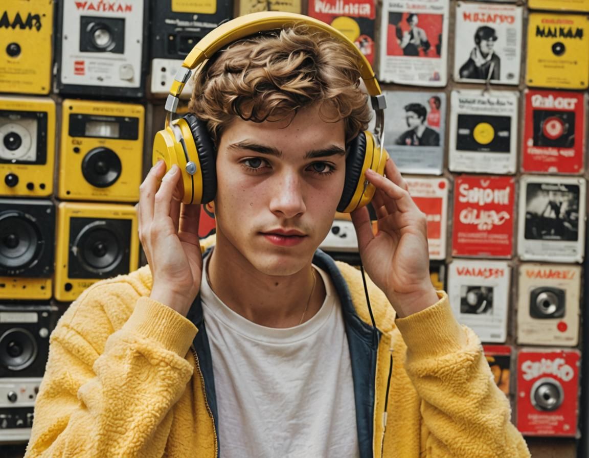 A youth listening to a vintage classic Walkman, wearing yellow foam ...