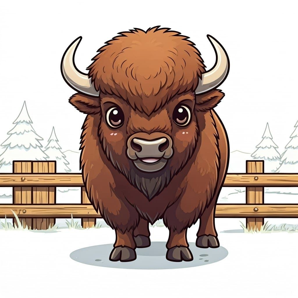 Kawaii bison coloring page. The bison has big, sparkling eyes and a ...
